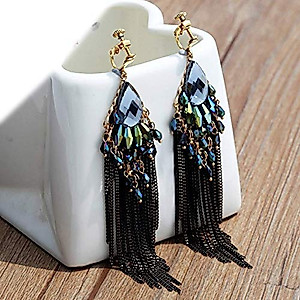 CNCbetter Women Fashion Charms Black Crystal Charms Long Dangle Tassel Screw Back Clip On Earring