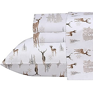 RUVANTI Flannel Sheets King Size - 100% Cotton Brushed Flannel Bed Sheet Sets - Deep Pockets 16 Inches (fits up to 18") - All Seasons Breathable & Super Soft - Warm & Cozy - 4 Pcs - Brown Deer