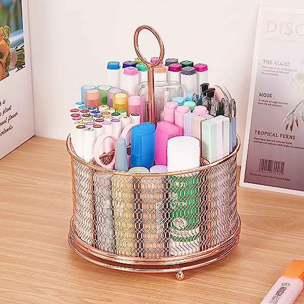 Spacrea Pen Holder for Desk - 360°Degree Rotating Pen Organizer, Desk Organizer with 4 Compartments, Pencil Holder for Desk, For School, Classroom, Office, Art Supplies(Rose Gold)