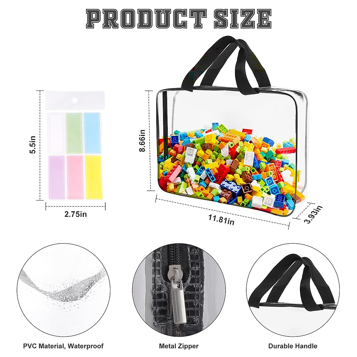 Toy Storage Bags with Labels, Clear PVC Toy Board Game Organizer Bags with Zipper, Waterproof Organizing Bags for Building Blocks Puzzle and Kids Books (4, One Size)