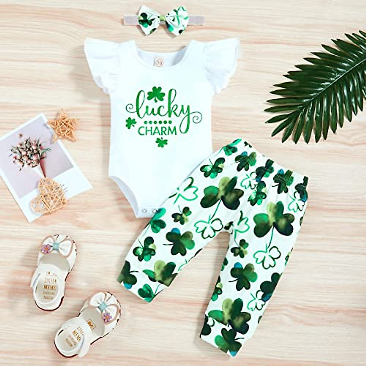 Baby girl 1st St. Patricks Day Outfits Lucky Charm Romper+Clover Pants+Headband 3Pcs Outfits Set (White, 3-6 Months)