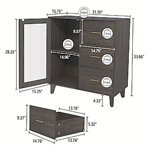 Function Home Sideboard Buffet, Storage Cabinet with Glass Door, Wood Accent Console with Drawers, Mid Century Coffee Bar for Kitchen, Living Room, Hallway, Entry, Walnut