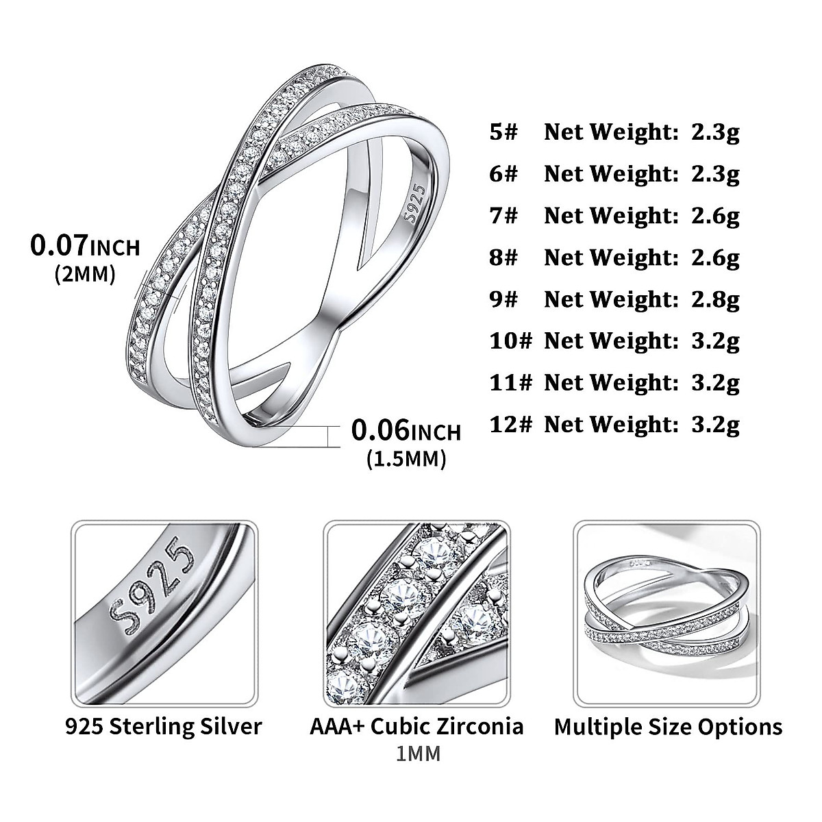 ChicSilver 925 Sterling Silver Criss Cross X Ring CZ Cubic Zirconia Eternity Engagement Wedding Band for Women Size 9