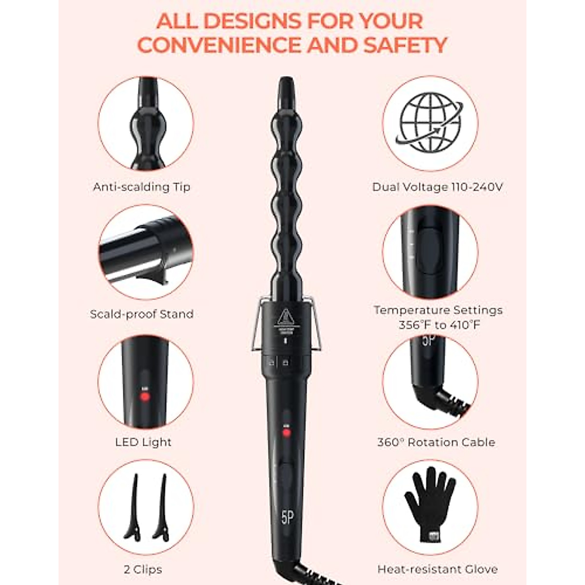 5 in 1 Curling Wand Set: Ohuhu Curling Iron Wand 5Pcs 0.35 to 1.25 Inch Interchangeable Ceramic Barrel Heat Protective Glove 2 Clips Dual Voltage Hair Curler for Girls Women Mother Gift Black