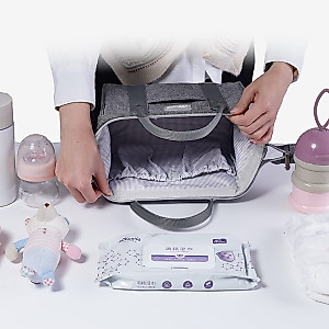 SUNVENO Small Baby Diaper Bag, Travel Tote Essentials Mini Tote Handbag Capacity for Diapers, Toys & Snacks On The Go, Grey