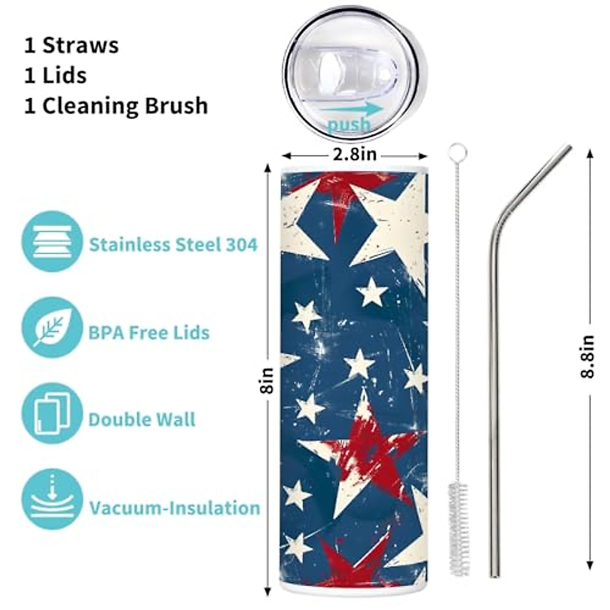 Honeybaby Patriotic Stars Coffee Tumbler 20 oz with Straw & Lid Leak Proof Tumbler Reusable Stainless Steel Tumblers Insulated Water Bottles Gifts for Women Men