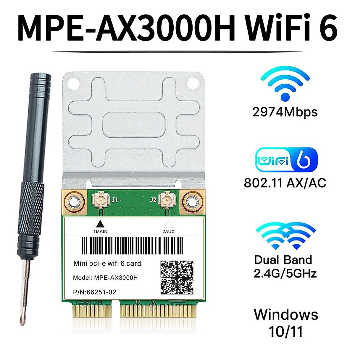 MPE-AX3000H WiFi 6 Wireless Card Dual Band 802.11ax Half Mini PCI-E WiFi Card PCI Express Network Adapter BT5.2 2.4GHz 574Mbps 5GHz 2.4Gbps(160MHz) for Windows 10/11 64 bit Better 7260HMW WiFi Card
