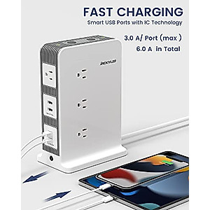 Power Strip Surge Protector Tower - JACKYLED 10 Outlet 4 USB Vertical Charging Station, 1875W 15A, 1080J with 6ft Heavy Duty Extension Cord for Multiple Devices, Home Office Dorm RV