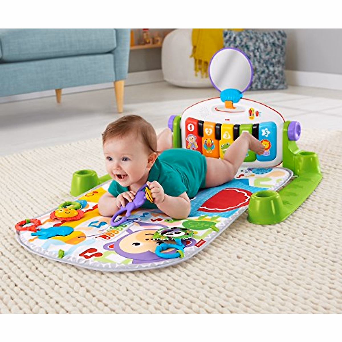 Fisher-Price Baby Playmat Deluxe Kick & Play Piano Gym & Maracas With Smart Stages Learning Content, 5 Linkable Toys & 2 Soft Rattles [Amazon Exclusive]