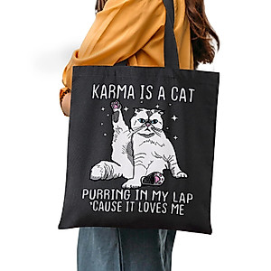 AUSVKAI Cute Tote Bag for Women, Totes Bag Gift-Karma is A Cat for Grocery Beach
