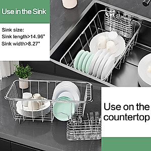 Fanbsy Small Dish Drainer Rack in Sink Adjustable, Expandable Stainless Steel Metal Dish Drying Rack Organizer with Stainless Steel Utensil Holder Over Inside Sink Counter, Rustproof(for 1-2 People)