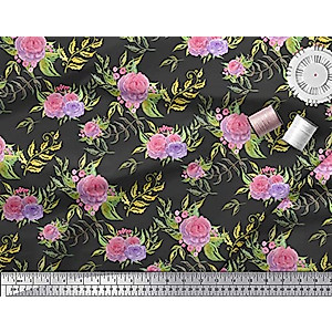 Soimoi Black Cotton Canvas Fabric Leaves & Rose Floral Print Fabric by The Yard 44 Inch Wide