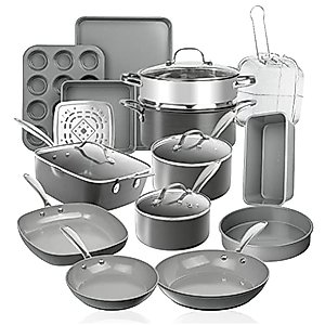 Granitestone Pro Pots and Pans Set Nonstick, 20 Pc Hard Anodized Kitchen Cookware Set & Bakeware Set, Ultra Durable Pots and Pans for Cooking, Dishwasher Stovetop & Oven Safe, 100% Toxin Free - Chalk