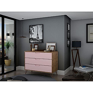 Manhattan Comfort Rockefeller Mid-Century Modern 3-Drawer Bedroom Dresser, Natural, Rose Pink Finish