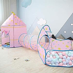 Kids Play Tent 3 Pieces, Pop Up Play Tents with Crawl Tunnel & Ball Pit with Basketball for Kids, Boys, Girls, Babies and Toddlers, Indoor/Outdoor Playhouse, Best Gift for 18 Months-8 Year Old, Pink