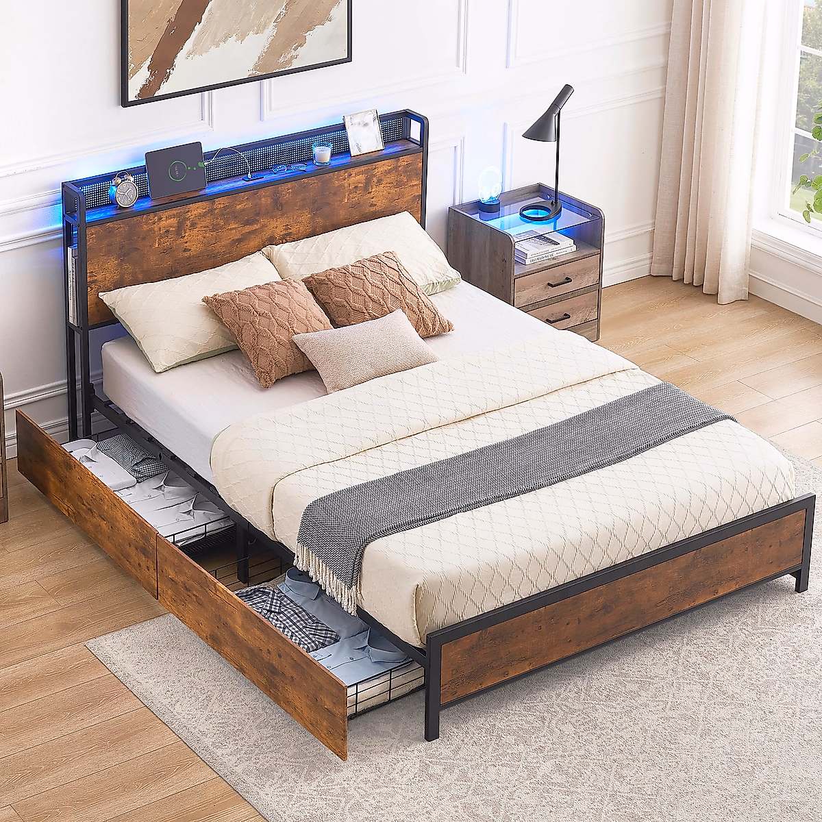 GAOMON Queen Size Bed Frame with Storage Headboard and 4 Drawers LED Lights Metal Platform Bed Frame with Charging Station, Mattress Foundation Strong Wood Slats Support, No Box Spring Needed