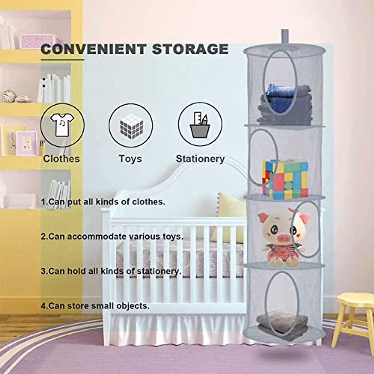 JIELUO 2pcs Hanging Mesh Storage Organizer Bag Foldable Space Saving Organizer with 2pcs S Hooks for Room Bathroom Wall Balcony Wardrobe(Grey，Blue)