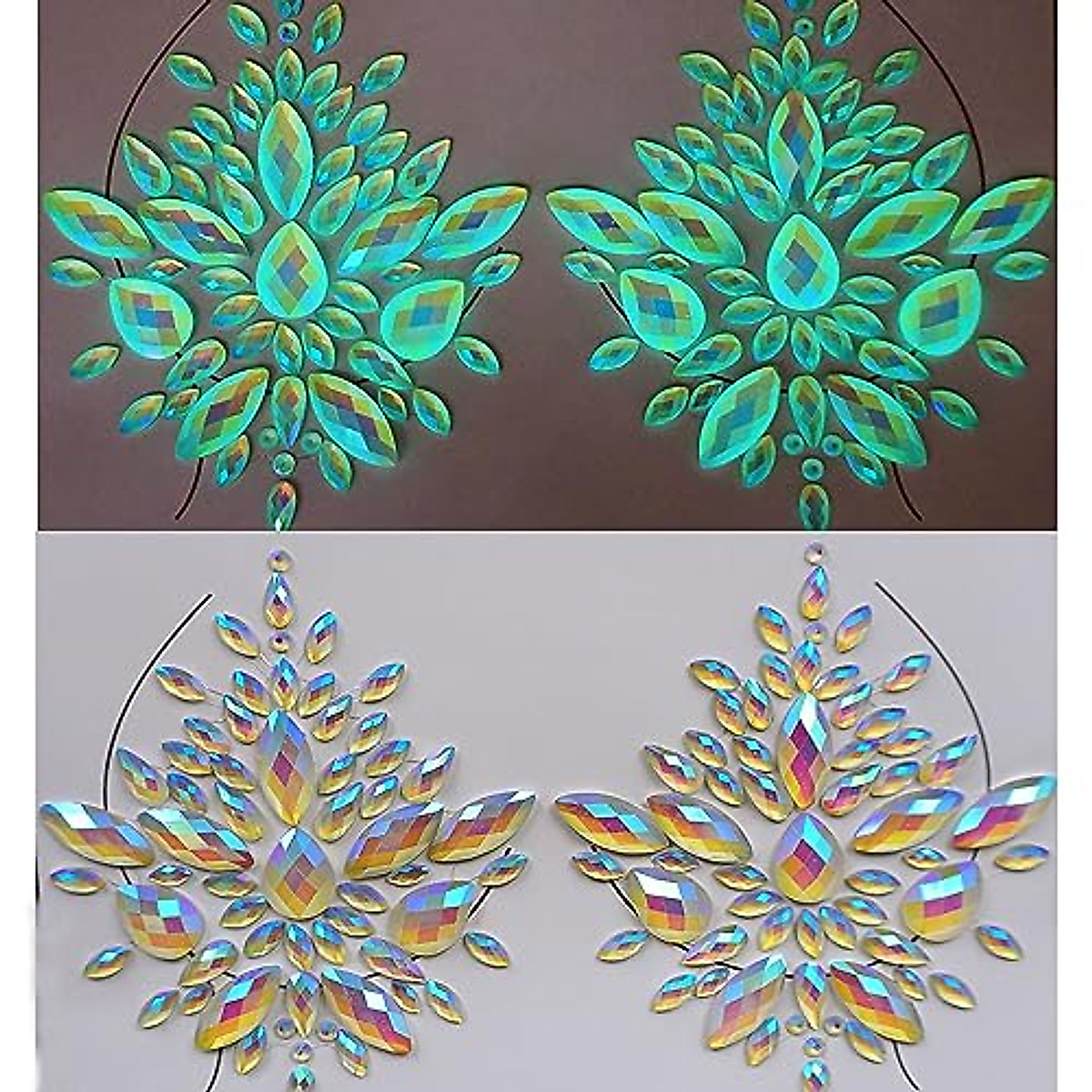 Topz Glow in The Dark face gems Halloween Makeup Body gems Stick on Body Jewels Festival Rhinestone Sticker Mermaid Body Makeup Rave Accessories for Adult Costume (TP351 Chest Paste)