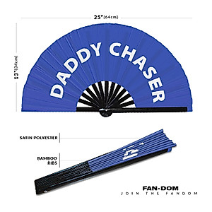 Daddy Chaser Hand Fan Foldable Bamboo Circuit Hand Fan Funny Pride LGBT Gag Words Slang Expressions Statement Gifts Festival Accessories Rave Handheld Circuit Event Clack Fans (Blue)