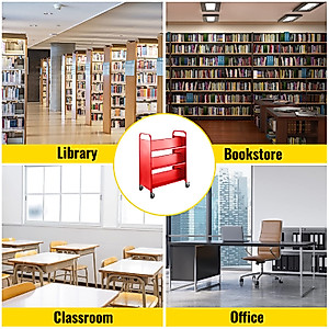 VEVOR Book Cart, 200lbs Library Cart, 35x19x49 Inch Rolling Book Cart Double Sided W-Shaped Sloped Shelves with 4-Inch Lockable Wheels for Home Shelves Office and School Book Truck in Red