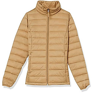 Amazon Essentials Women's Lightweight Long-Sleeve Water-Resistant Packable Puffer Jacket (Available in Plus Size), Camel, Large