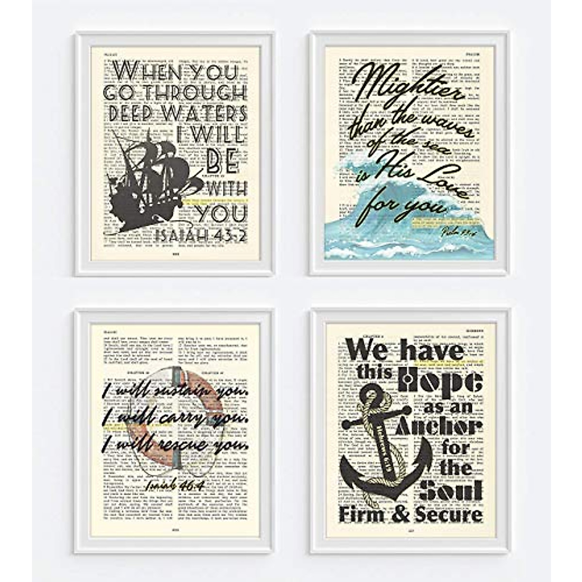 Nautical Bible Verse Christian Art Prints, Set of 4, Isaiah 43:2, Isaiah 46:4, Psalm 93:4, Hebrews 6:19, Unframed, Bible Verse Scripture Wall Decor Poster, 8x10 Inches