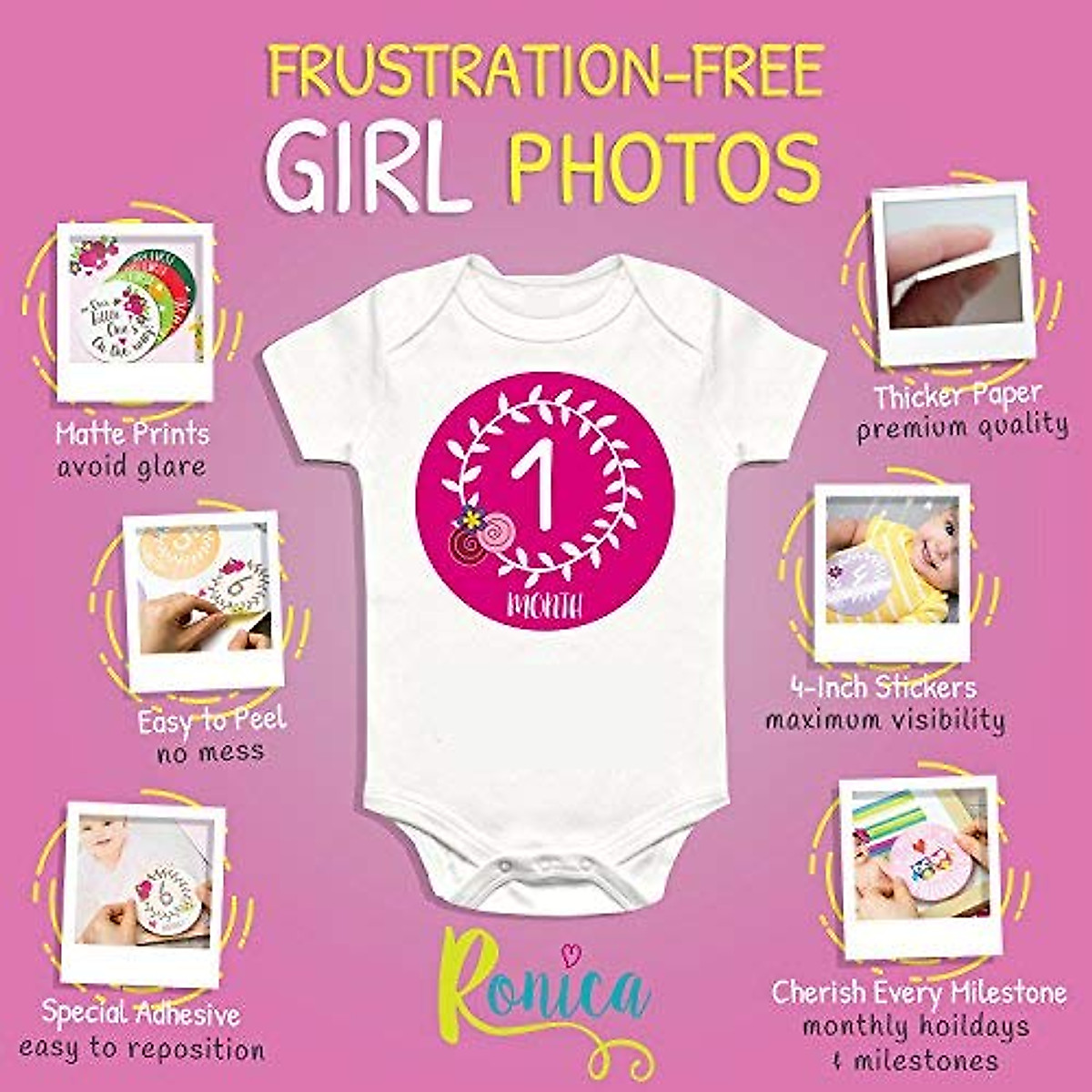Massive Pack of 32 Ronica Baby Girl Stickers: 12 Baby Monthly Stickers + 20 Popular Milestones Baby Stickers - Record Your Baby's Growth, Holidays and Special Firsts - Unique Baby Gifts