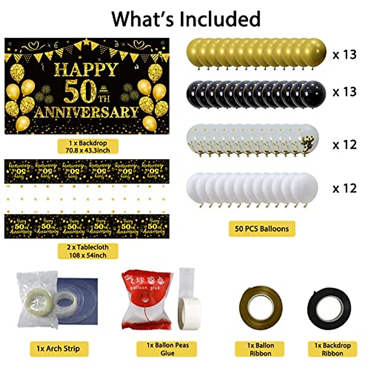 DARUNAXY 50th Wedding Anniversary Decorations, Large Happy 50th Anniversary Banner 70 x 43inch, 50PCS Black Gold Confetti Balloons, 2PCS Tablecloths for Cheer to 50 Year Party Supplies for Men Women