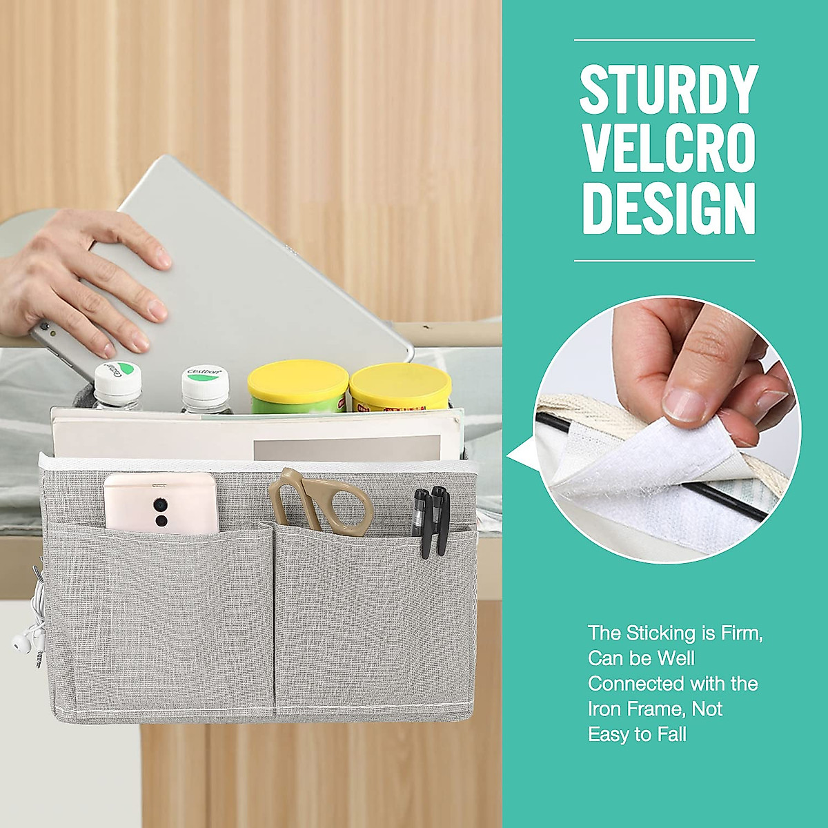 Ndeno Bedside Caddy Storage Bag Hanging Pocket Organizer for Bunk and Hospital Beds Crib,Dorm Rooms Bed Rails for Remotes Mobile Phone Keys, Glasses, Books (Dark Grey)