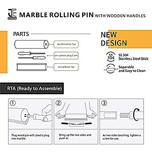 JEmarble Rolling Pin-Wooden Handles(White)(Premium Quality)Polished Surface 18-inch(10"Barrel) Genuine Stone Non-stick Save Effort Easy to Clean