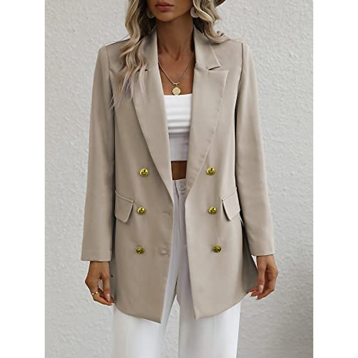 Lueluoye Women's Casual Blazers Long Sleeve Open Front Gold Button Work Office Blazer Jackets with Pockets Khaki M