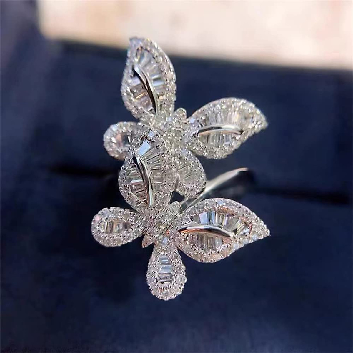 Delicate Butterfly Wrap Finger Band Sparkling Rhinestone Crystal CZ Couples Butterfly Open Statement Rings Engagement Promise Ring Wedding Band Fashion Jewelry Gifts for Women Girls