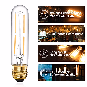 TIANSHQ 6 Pcs E26 T10 LED Tubular Light Bulbs, Daylight White Edison Bulb 4000K 4W Dimmable T10 Led Bulb for Pendant Lights, Lamps, Outdoor Long Light Bulbs (4W, 4000K)