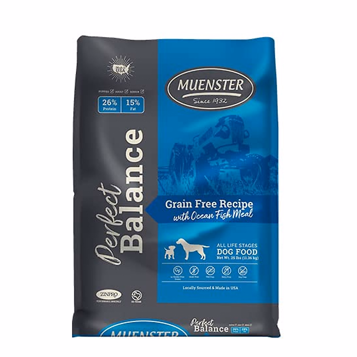 Muenster Perfect Balance OceanFish Meal Grain Free Recipe – Gluten Free Dry Dog Food - Complete and Balanced Kibble for Large, Medium or Small Breed Dogs, 25 lb