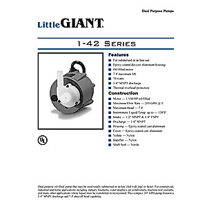 Little Giant 501203 205 GPH 115-Volt Manual Oil Filled Submersible or In-line Aluminum Direct Drive Pump, Blue, 1-42