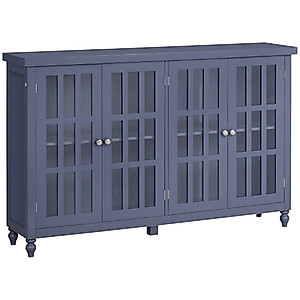 HOMCOM Sideboard, Buffet Cabinet with 4 Tempered Glass Doors, Stripe Pattern and Adjustable Storage Shelf, Credenza, Gray