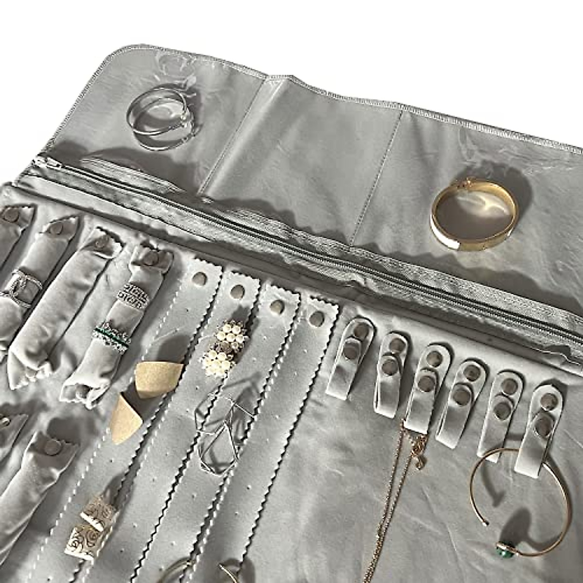 UnionPlus Velvet Travel Jewelry Case Roll Bag Organizer for Necklace Bracelet Earrings Ring, 6 PVC Pockets, Black+ Grey Upgrade Version