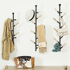 X-cosrack Wall Mounted Coat Rack Splicable Metal & Wood Hat Hanger Rack with 8 Hooks, 3-in-1 Tree Hanger Organizer for Coat Bag Scarves Clothes for Entryway Hallway Bedroom