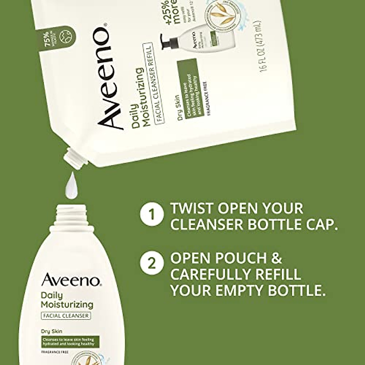 Aveeno Daily Moisturizing Facial Cleanser with Soothing Non-GMO Oat, Leaves Skin Feeling Hydrated, Soft & Supple, Paraben-, Sulfate-, Fragrance-, Dye- & Soap-Free, Refill Pouch, 16 fl. Oz