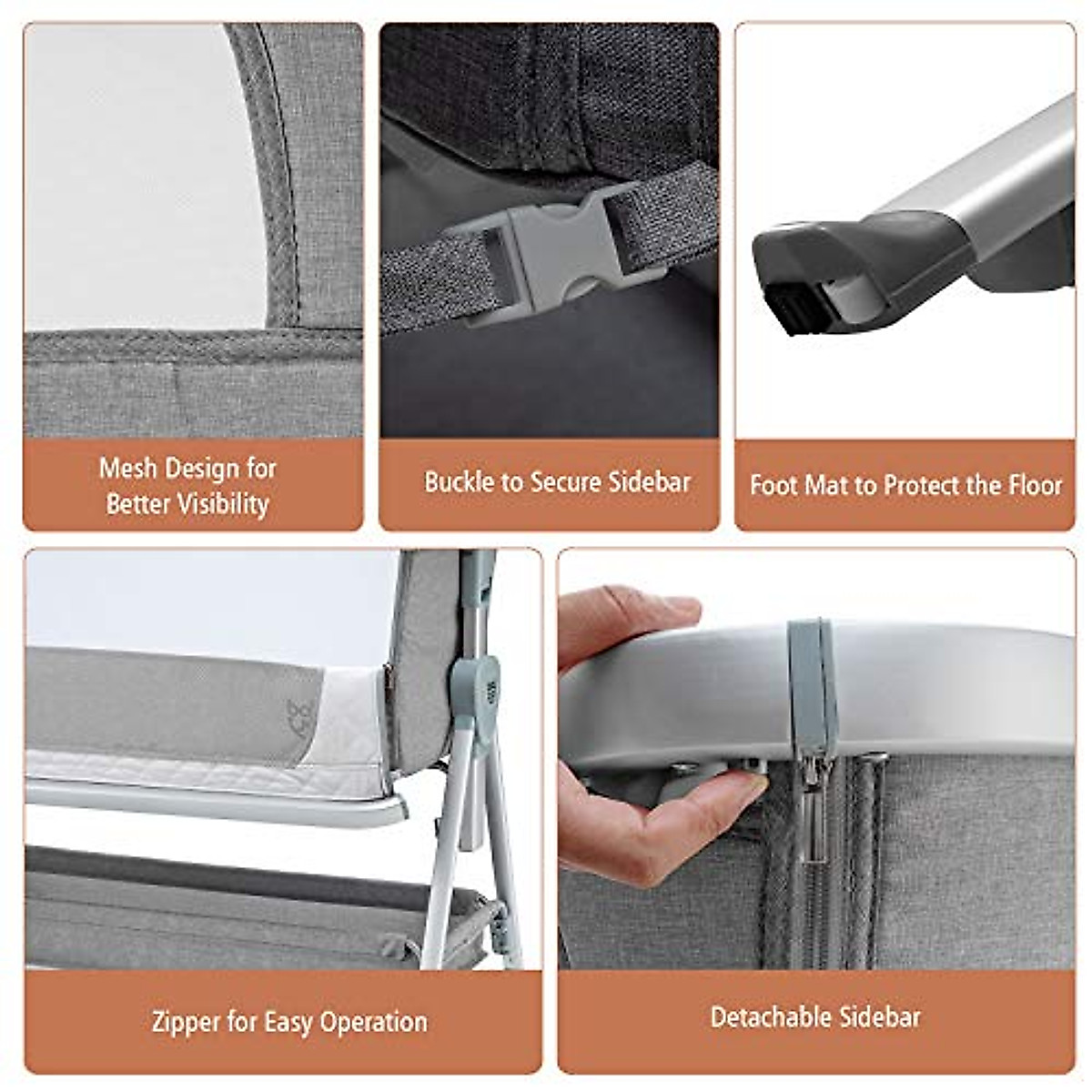 BABY JOY Bedside Bassinet, Portable Baby Crib w/Mattress, Two-Side Breathable Mesh, 7 Height Adjustable, Large Storage, Wheels for Easy Movement, Crib for Newborn Infant, Bassinet for Baby, Grey