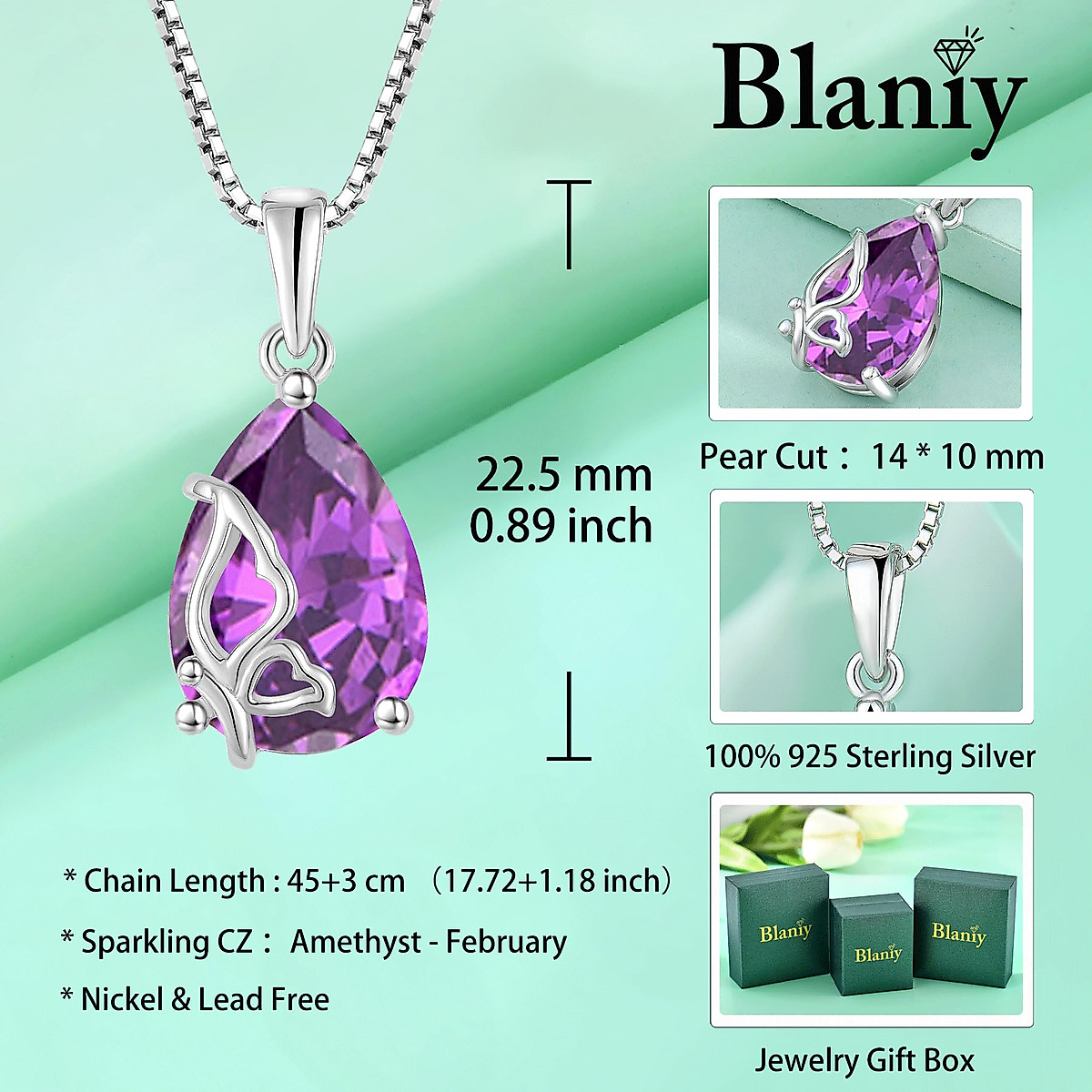 Blaniy February Birthstone Necklace for Women 925 Sterling Silver Amethyst Necklace Butterfly Pendant Birthday Mothers Day Anniversary Christmas Teardrop Butterflies Jewelry Gifts for Her