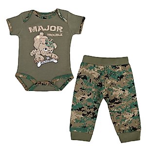 Trooper Clothing Marine 2 Pc Major Trouble Woodland Bodysuit and Pant Set, Green, 9/12 Months