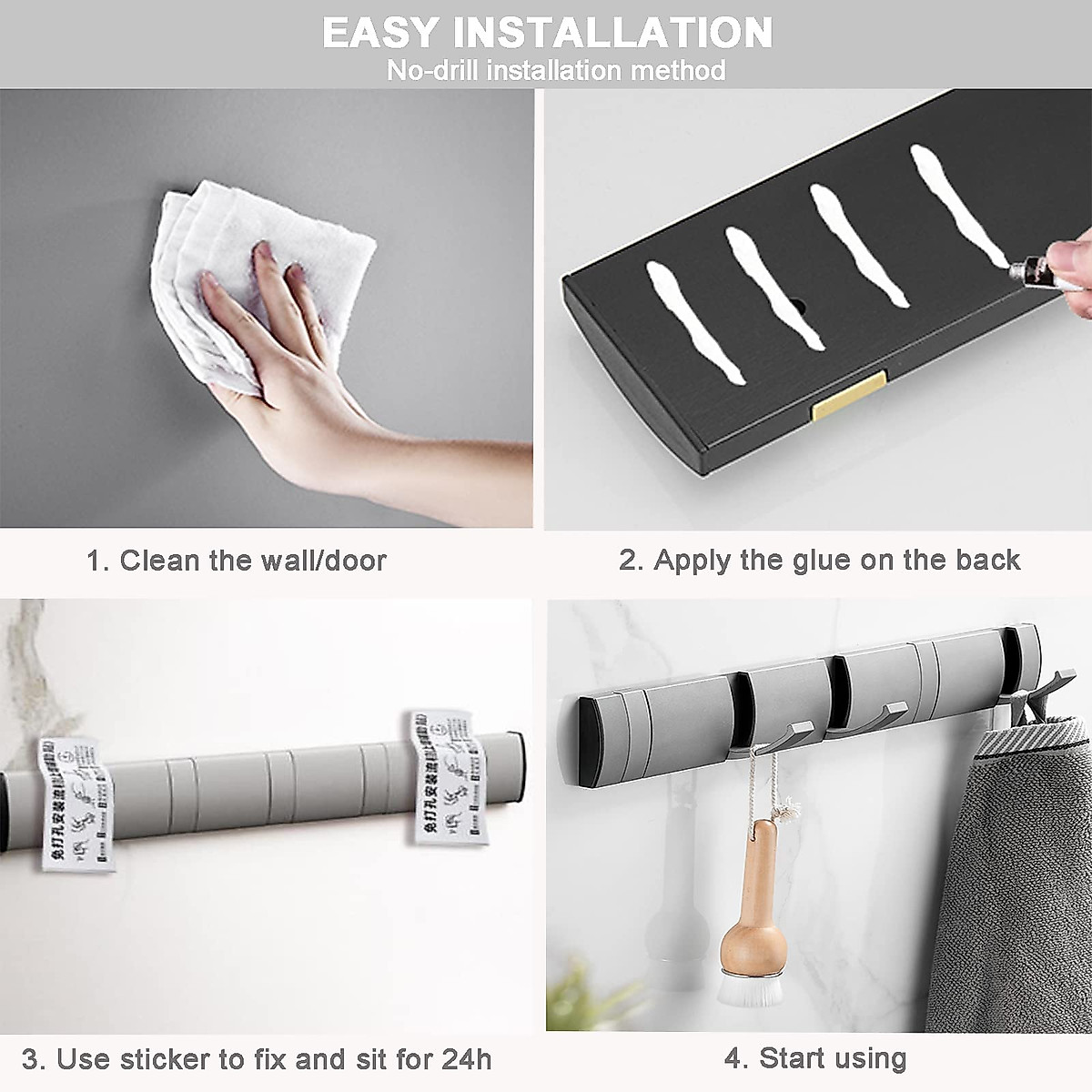 AISHEDYER Flip Wall Mounted Coat Hooks Floating Towel Rack, Aluminum Heavy Duty Wall Door Hanger with 3 Retractable Hooks to Hanging Clothes Hats Purses Keys - Grey, (MET-CH-004-GR)