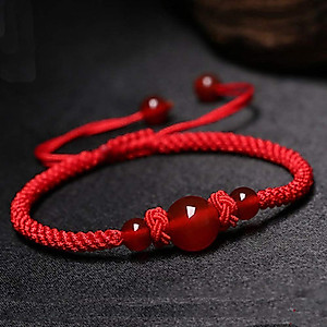 MENGLINA Men Women Handmade Lucky Chinese Knot Adjustable Rope Couple Bracelets Natural Red Agate Stone Black Obsidian Ball Beads Braided Feng Shui Bracelet Lovers Jewelry (Multicolor)
