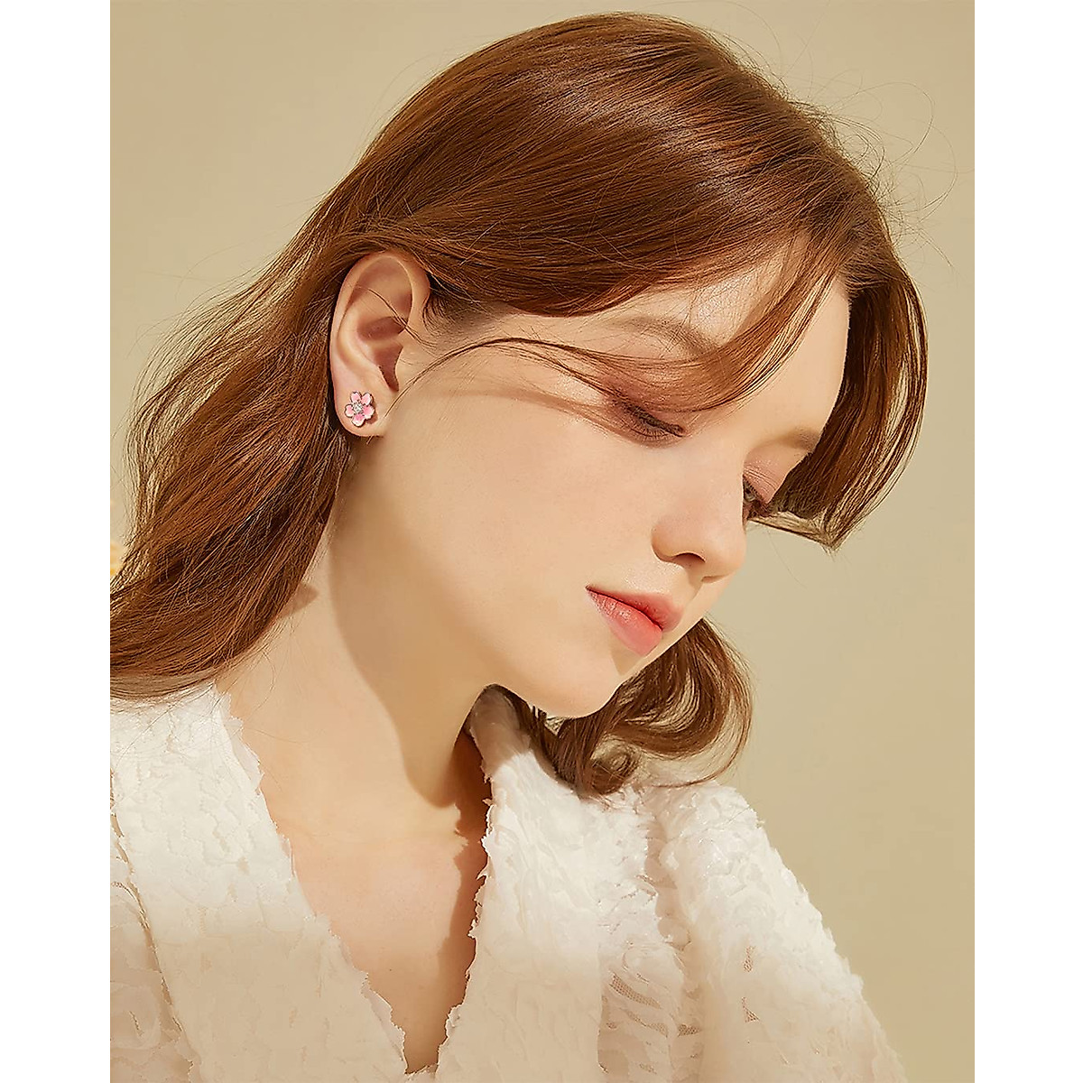 Pink Flower Earrings for Women, 925 Sterling Silver Stud Earrings, Cute Plumeria Earrings For Girl, Cherry Blossom Hypoallergenic Stud