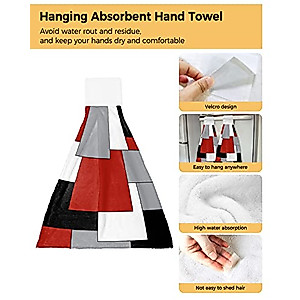 PIEPLE 2 PCS Kitchen Hand Towels, Irregular Geo Color Block Soft Plush Hanging Tie Towels with Loop for Kitchen Bathroom Dish Cloth Tea Bar Towel White Grey Black Red Abstract Geometric