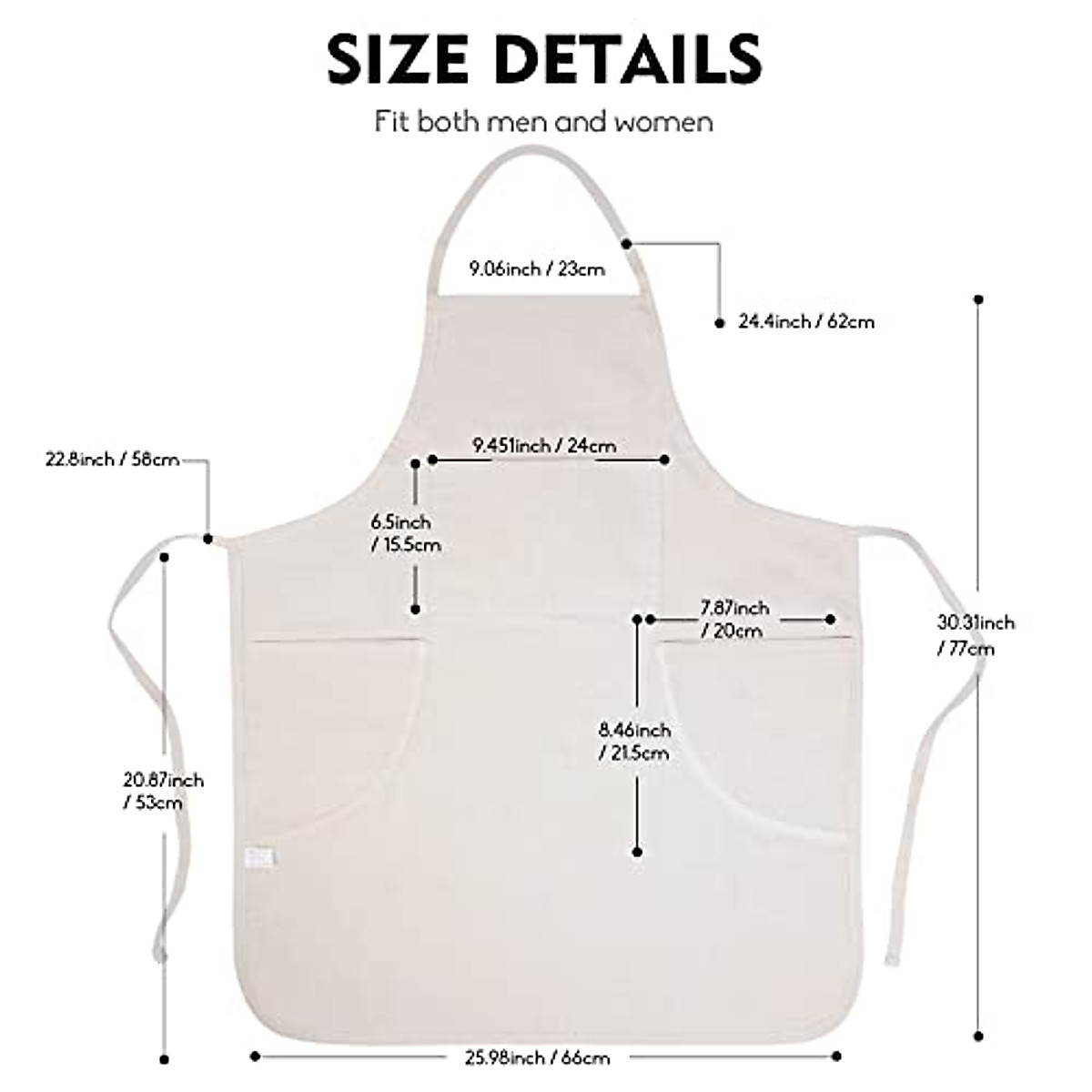 CONDA 100% Cotton Canvas Professional Bib Apron With 3 Pockets for Women Men Adults,Waterproof,Natural 31inch By 27inch