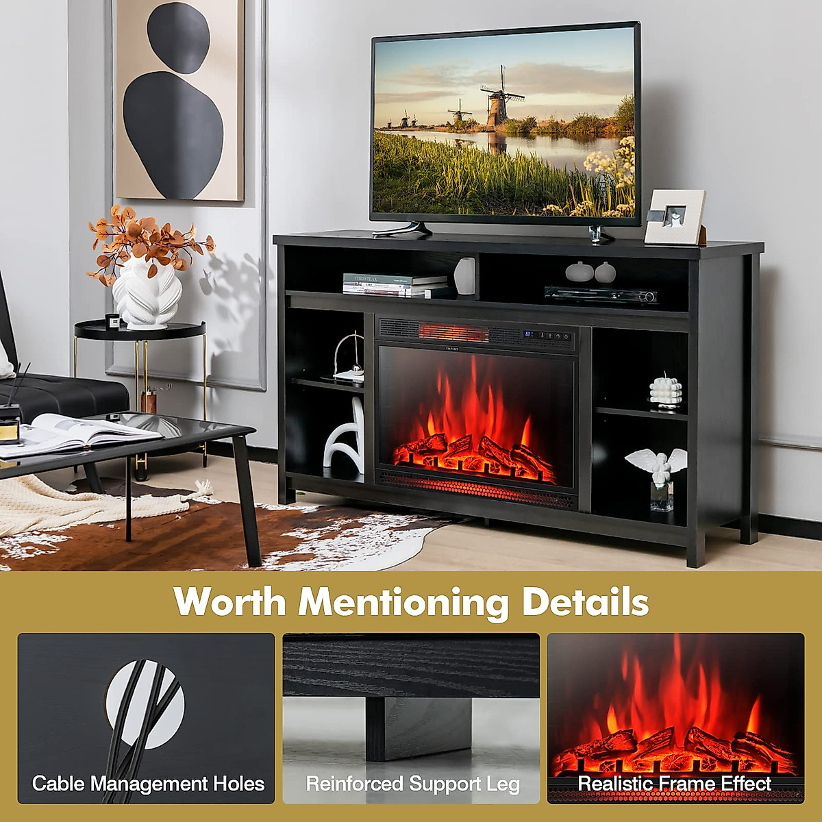 Tangkula 58 Inches Fireplace TV Stand for TVs up to 65 Inches, Modern Entertainment Center w/ 28 Inches Fireplace Insert, Remote Control, Electric Fireplace TV Console Table (Black)