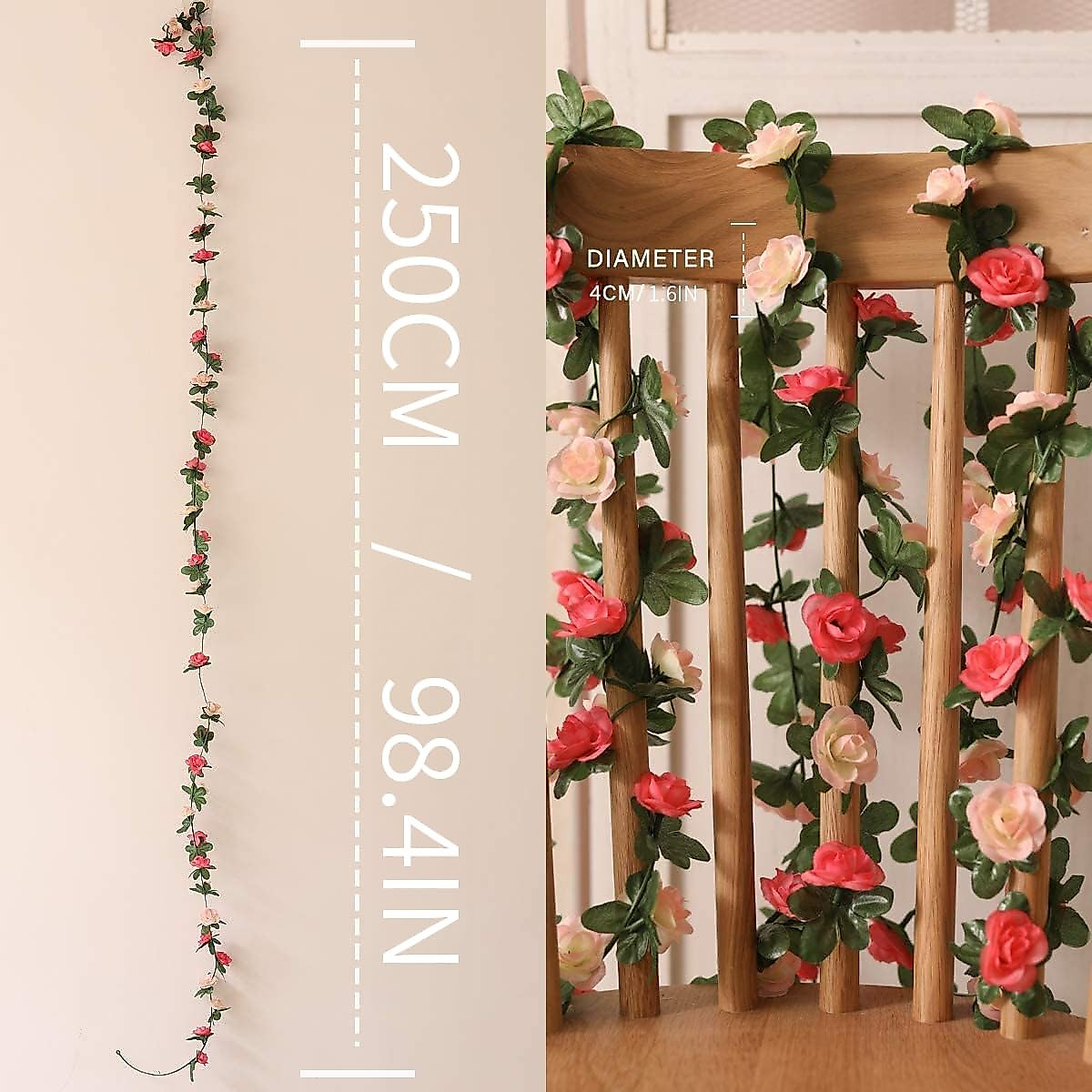 PARTY JOY 8pcs 65.6Ft Flower Garland, Fake Rose Vine Artificial Flowers Hanging Rose Ivy Garland for Room Wall Decor Hanging Baskets Wedding Arch Garden Background Decor (Pink-8PCS)