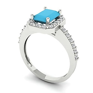 Clara Pucci 2.07 ct Emerald Cut Solitaire Halo Genuine Simulated Turquoise Engagement Promise Anniversary Bridal Ring 18K White Gold 10.5